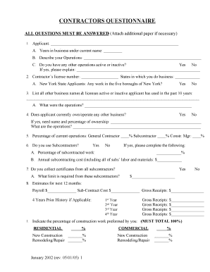 Fillable Online CONTRACTORS QUESTIONNAIRE - Access Point Ins Fax Email ...