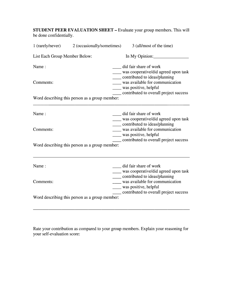 Fillable Online STUDENT PEER EVALUATION SHEET Evaluate your group ...