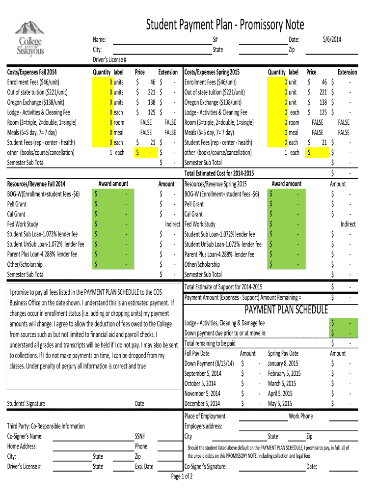 Fillable Online siskiyous Student Payment Plan - Promissory Note ...