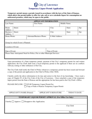 Fillable Online lawrenceks Temporary Liquor Permit Application - City ...