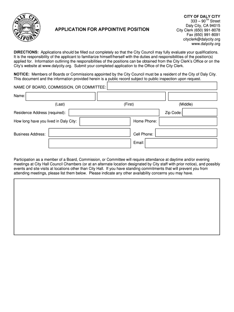 Fillable Online dalycity CITY OF DALY CITY TH Street Daly City, CA ...