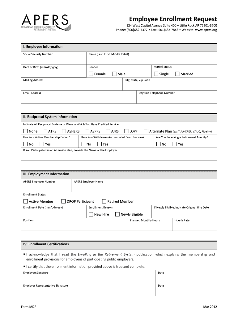 Fillable Online apers Form Employee Enrollment Request - Arkansas ...