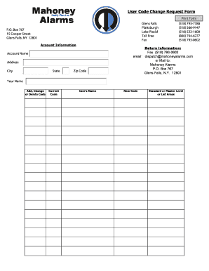 Fillable Online Mahoney User Code Change Request Form Alarms Fax Email ...