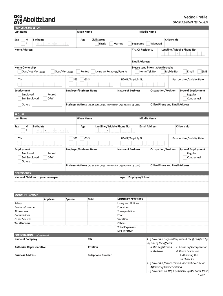 Fillable Online Vecino Profile - AboitizLand Fax Email Print - pdfFiller