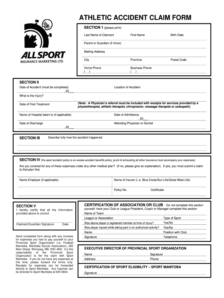 Fillable Online ATHLETIC ACCIDENT CLAIM FORM - St. James Rods Football ...
