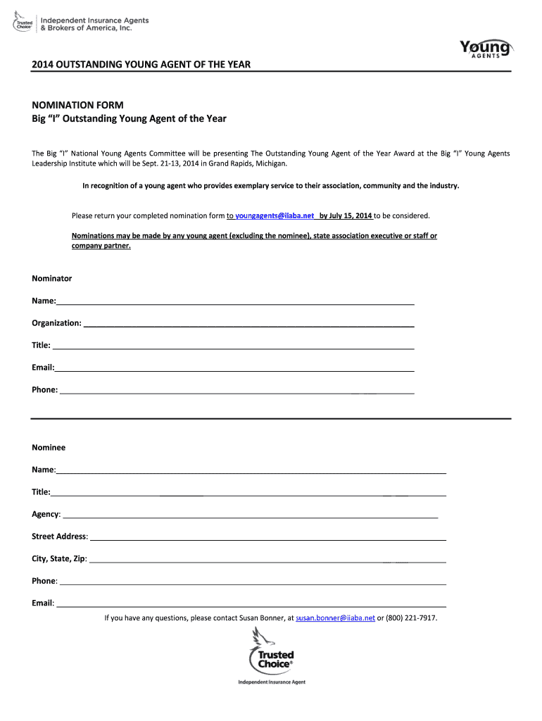 Fillable Online 2014_YAC Young Agent of the Year Nomination Form Fax ...