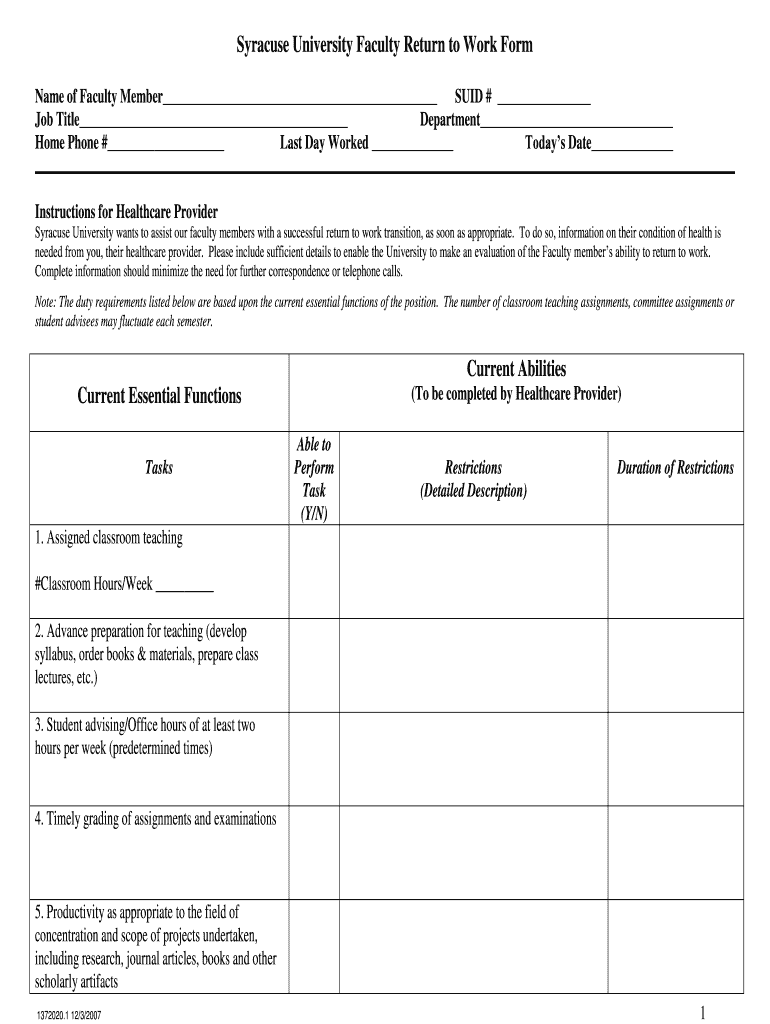 Fillable Online humanresources syr Syracuse University Faculty Return to Work Form. Physics ...