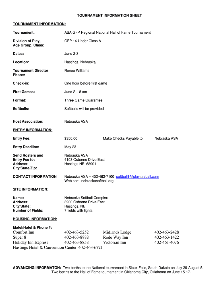 Fillable Online TOURNAMENT INFORMATION SHEET TOURNAMENT INFORMATION ...