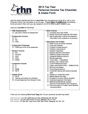 Fillable Online Personal Income Tax Checklist and Intake Form - Reid ...