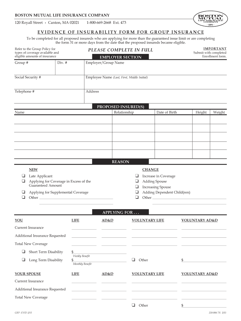 Fillable Online Evidence of insurability form for group insurance ...