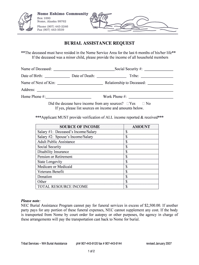 Fillable Online necalaska BURIAL ASSISTANCE REQUEST - Nome Eskimo ...