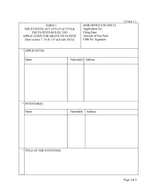 Fillable Online patinfo nic ( Form 1 ) FORM 1 THE PATENTS ACT 1970 (39 ...