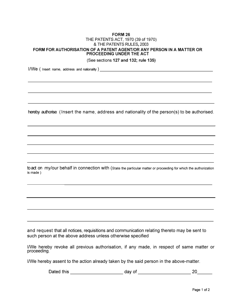 Fillable Online patinfo nic FORM 26 THE PATENTS ACT, 1970 (39 of 1970 ...