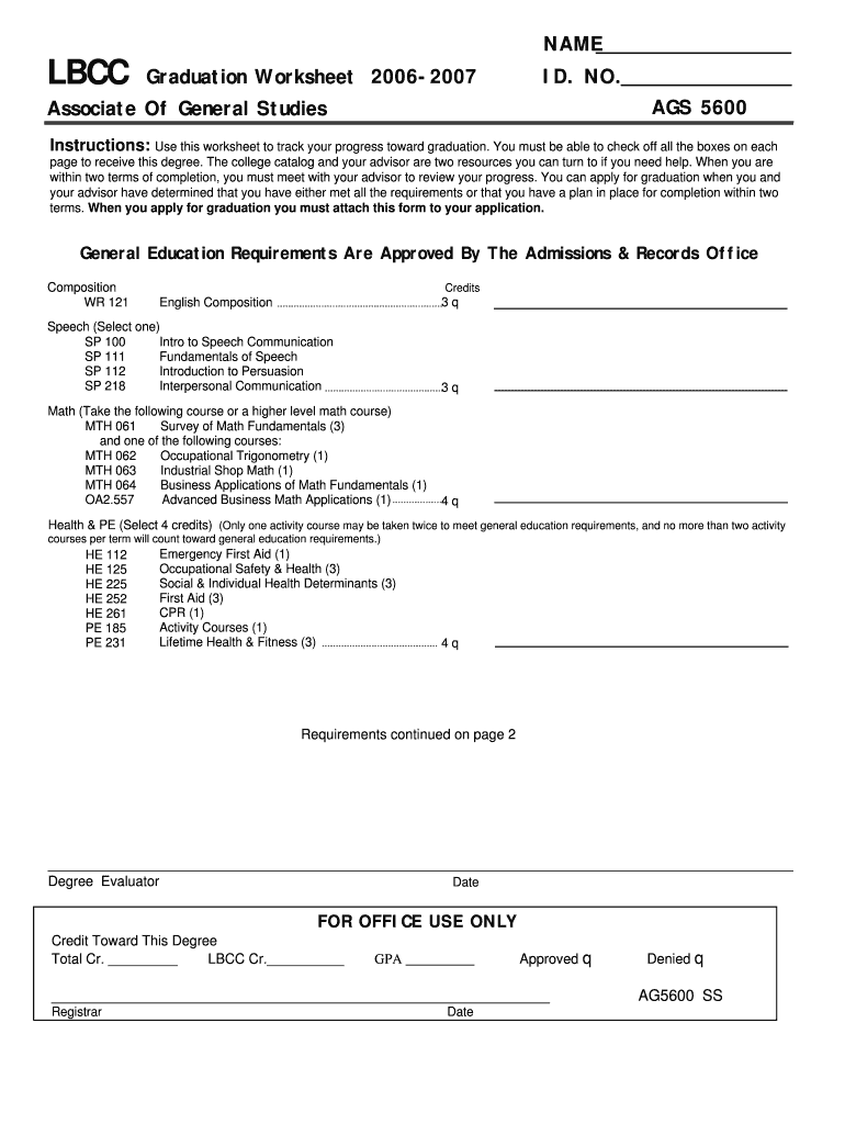 Fillable Online linnbenton NAME 2006-2007 ID. NO. Graduation Worksheet ...
