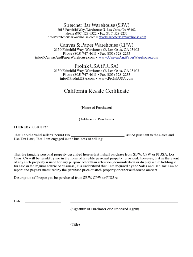 Fillable Online California Resale Certificate - Stretcher Bar Warehouse ...