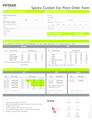 Fillable Online Spice+ Custom Ear Piece Order Form - Phonak Fax Email ...