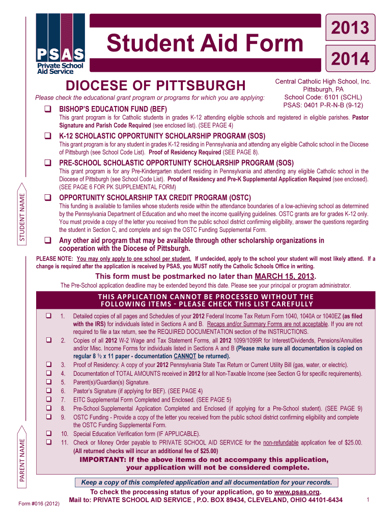 Fillable Online 2013-2014 Financial Aid Application - Central Catholic ...