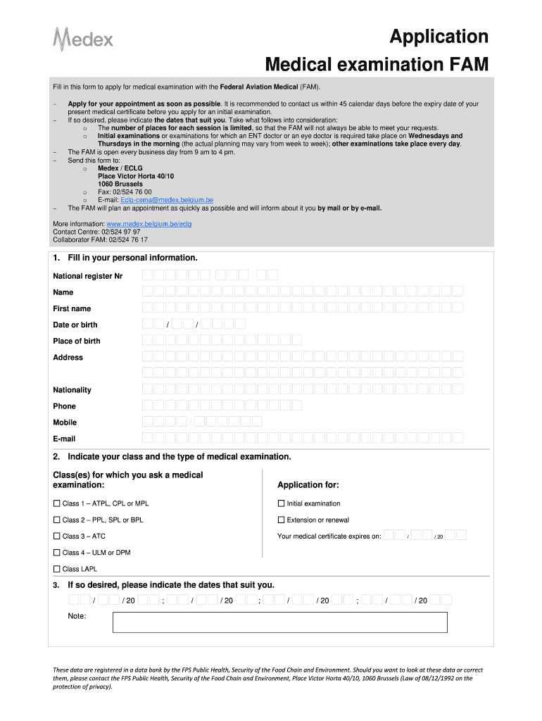 Fillable Online Application Medical examination FAM - Belgium Fax Email ...