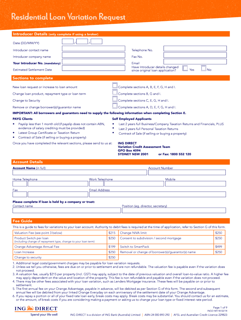 Fillable Online Residential Loan Variation Form - ING DIRECT Australia ...