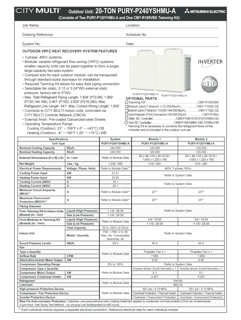 Fillable Online Outdoor Unit: 20-TON PURY-P240YSHMU-A (Consists of Two ...