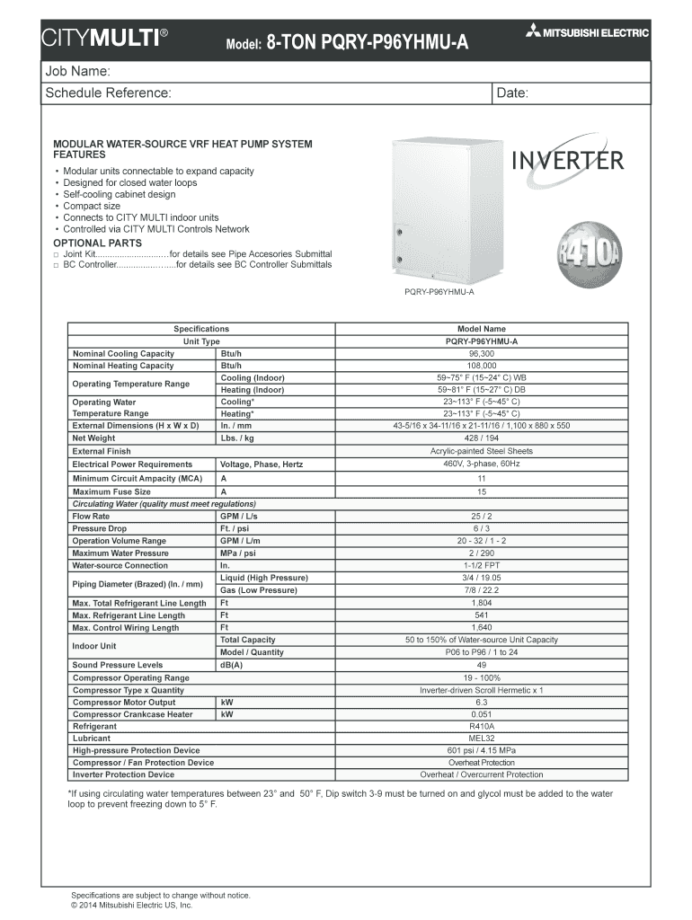 Fillable Online Model: 8-TON PQRY-P96YHMU-A Job Name: Schedule ...
