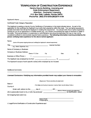 Fillable Online VERIFICATION OF CONSTRUCTION EXPERIENCE - Hendry County ...