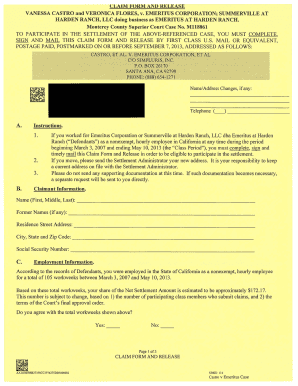 Fillable Online s3 documentcloud CLAIM FORM AND RELEASE VANESSA CASTRO ...
