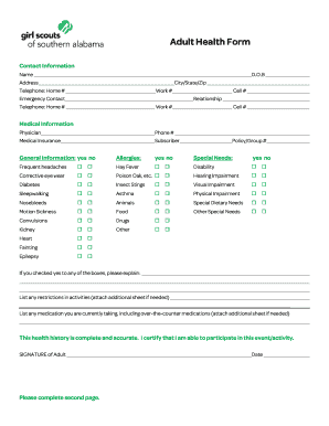 Fillable Online girlscoutssa Adult Health Form Fax Email Print - pdfFiller