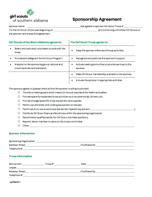 Fillable Online girlscoutssa Sponsorship Agreement - Girl Scouts of ...