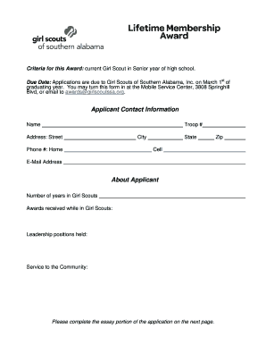 Fillable Online girlscoutssa Lifetime Membership Award - Girl Scouts of ...