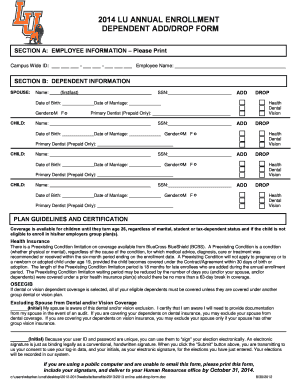Fillable Online langston 2014 NNUAL ENROLLMENT LU A DEPENDENT ADD/DROP ...