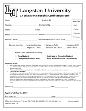 Fillable Online langston VA Educational Benefits Certification Form ...