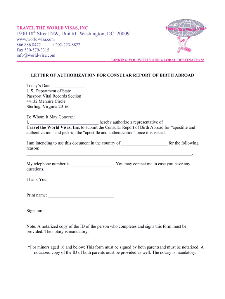 Fillable Online Letter of Authorization for Consular Report of Birth Abroad Fax Email Print ...