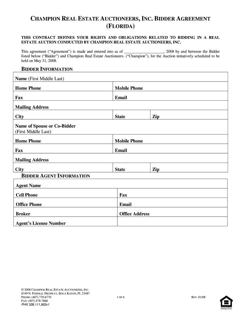 Fillable Online Champion real estate auctioneers, inc. bidder agreement (florida) Fax Email ...