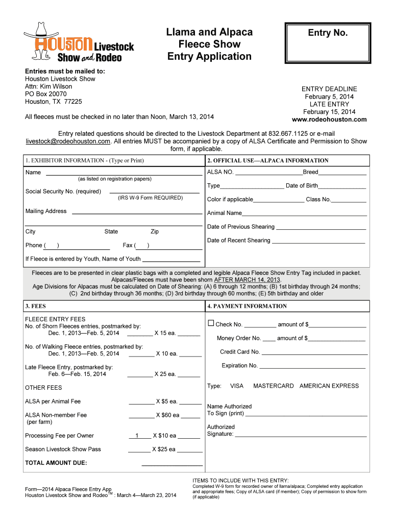 Fillable Online Llama and Alpaca Entry No. Fleece Show Entry ...