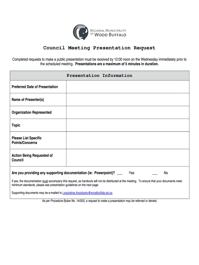 Fillable Online Request to Make a Presentation at Council Meeting Fax ...