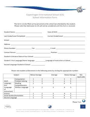 Fillable Online CIS School Information Form - Copenhagen International ...