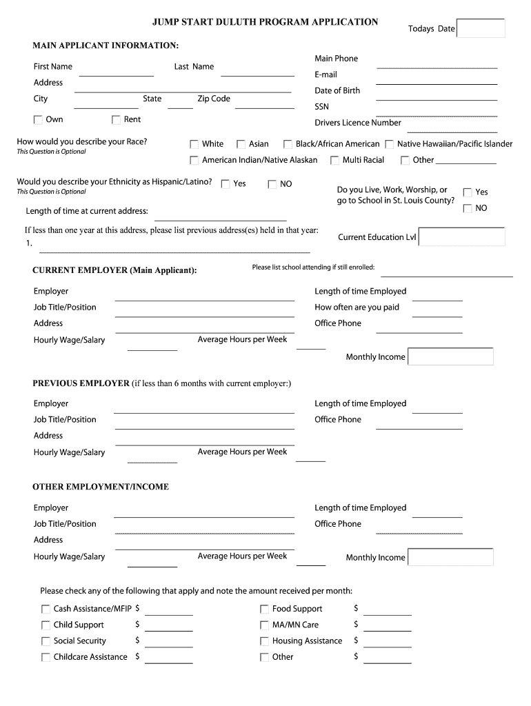 Fillable Online communityactionduluth JUMP START DULUTH APPLICATION - Community Action Duluth ...