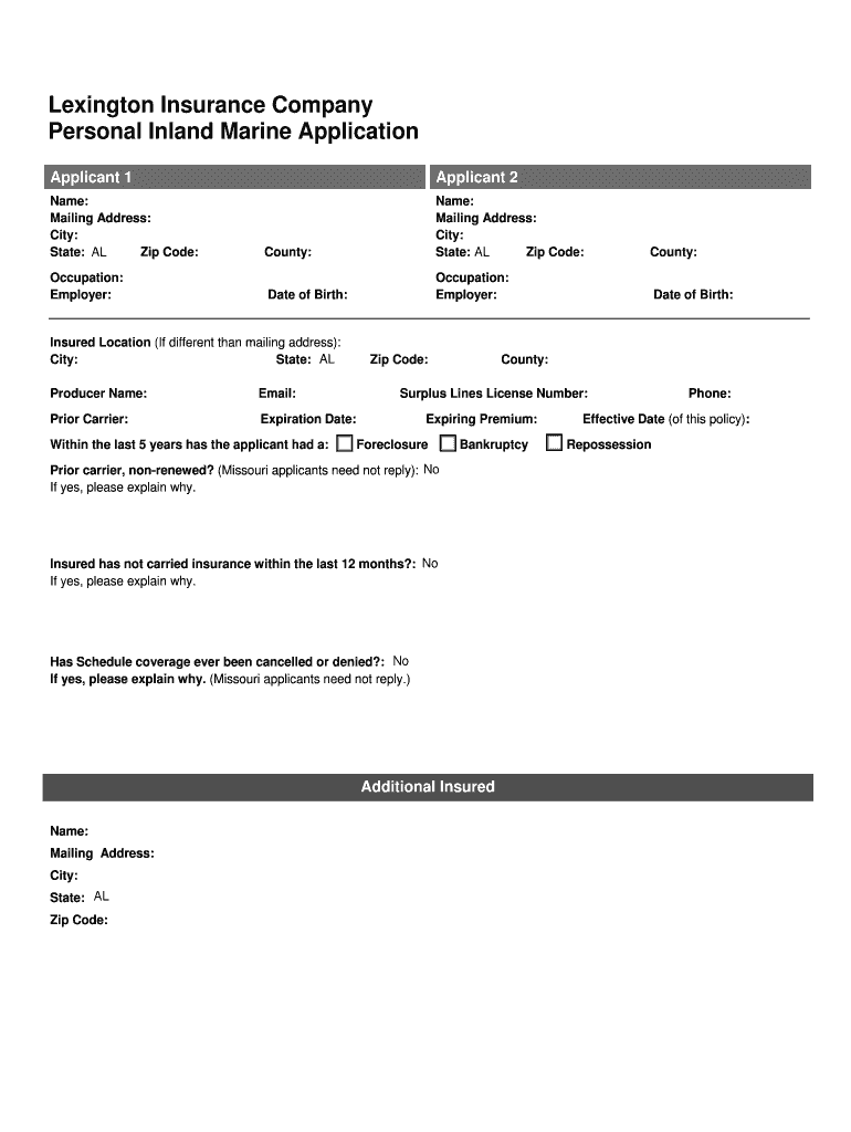 Fillable Online Lexington Insurance Company Personal Inland Marine Application Fax Email Print ...