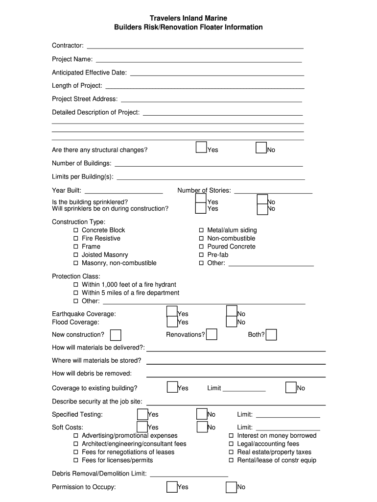 Fillable Online Travelers Inland Marine Builders Risk/Renovation ... - Perry & Carroll Fax Email ...
