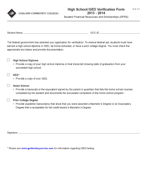 Fillable Online oaklandcc High School/GED Verification Form 2013 - 2014 ...