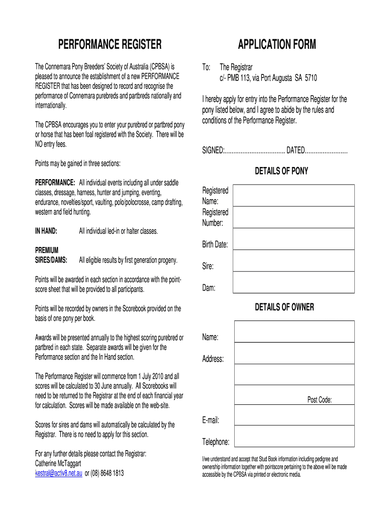 Fillable Online cpbsa com Performance register application form ...