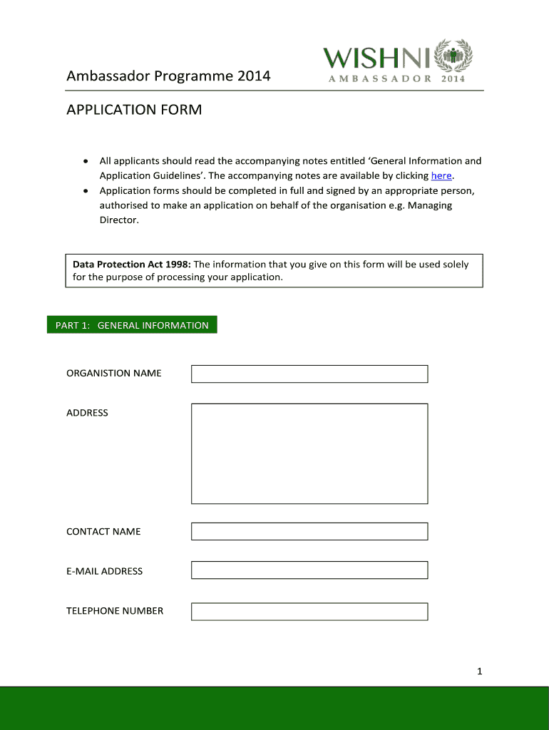 Fillable Online Ambassador Programme 2014 APPLICATION FORM Fax Email ...