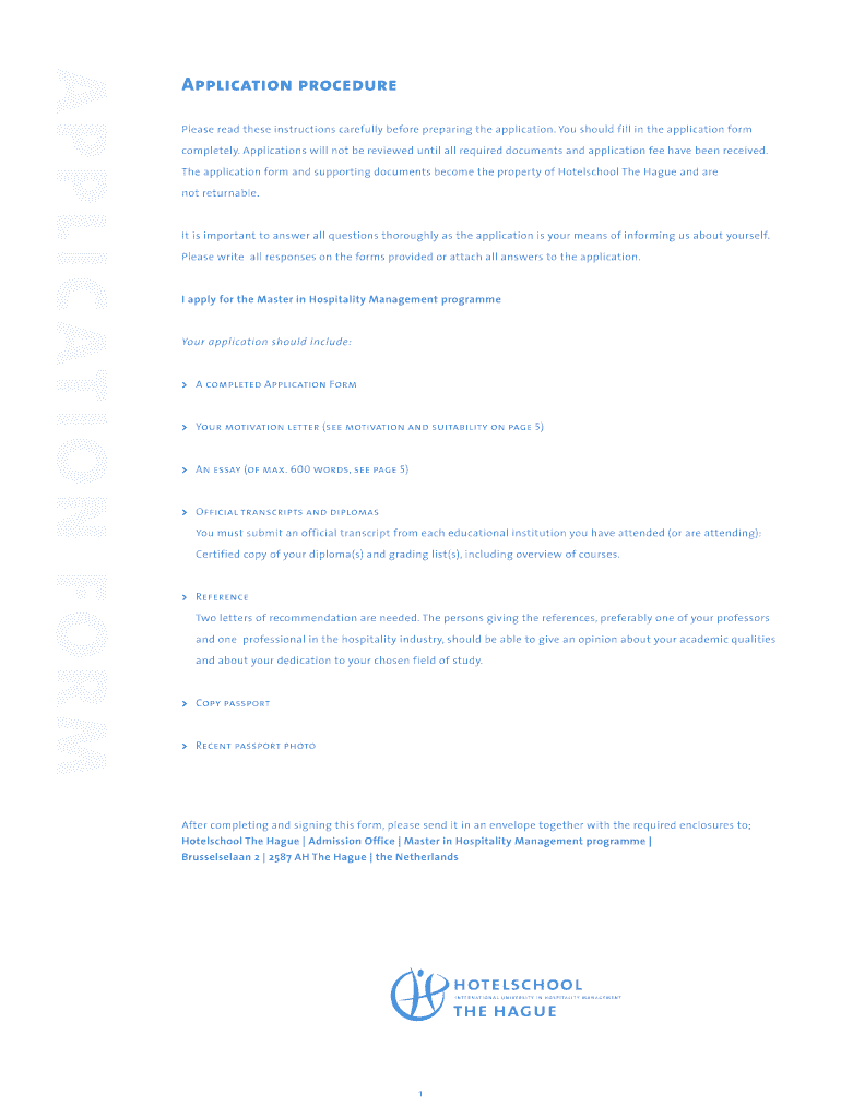 Fillable Online APPLICATION FORM - Hotelschool The Hague Fax Email ...