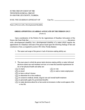 Fillable Online leeclerk Form G-Order Appointing Guardian Advocate of ...