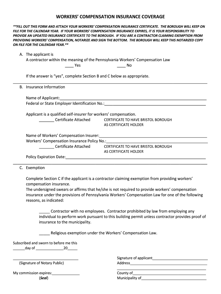 Fillable Online Workers Compensation Form - Bristol Borough Fax Email ...
