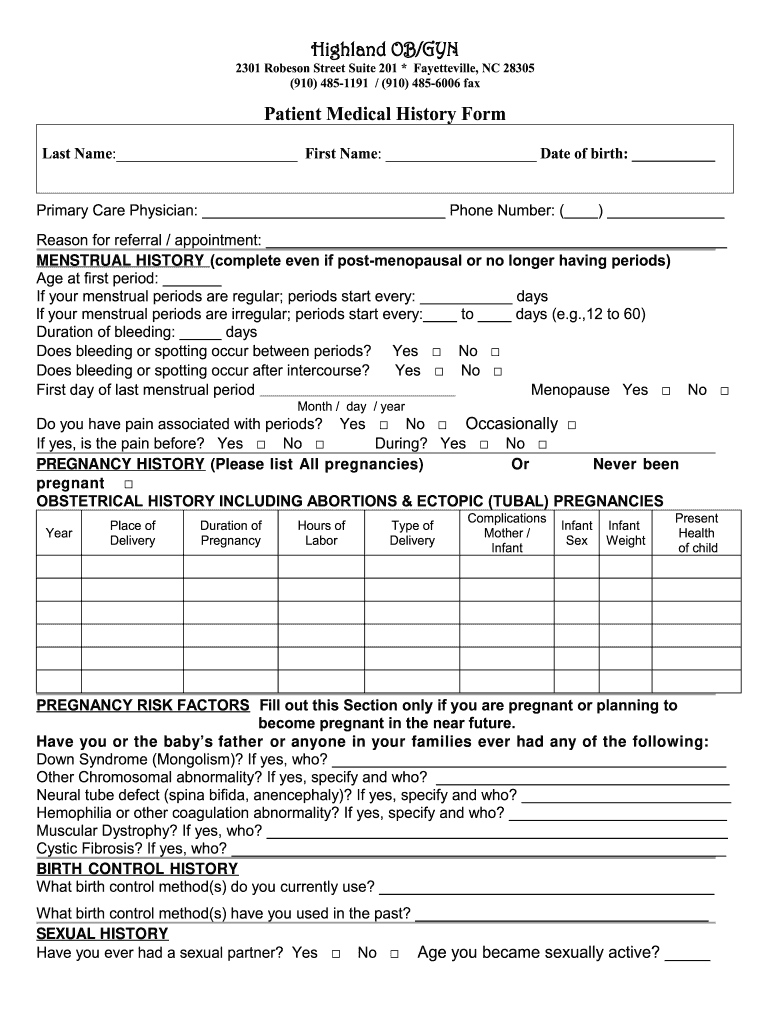 Highland OB GYN Patient Medical History Form 2012 2022 Fill And Sign Printable Template Online