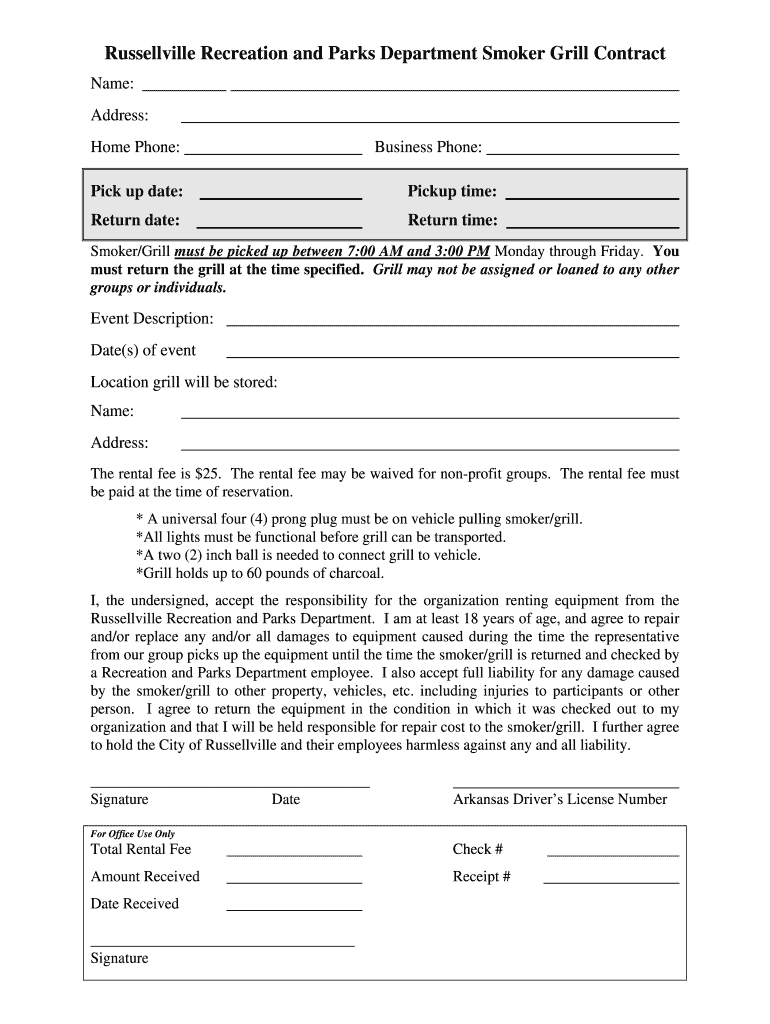 Fillable Online russellvillearkansas Form smoker grill contract Fax ...