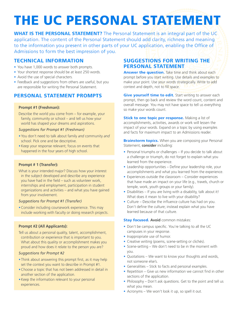 Fillable Online THE UC PERSONAL STATEMENT Fax Email Print - pdfFiller