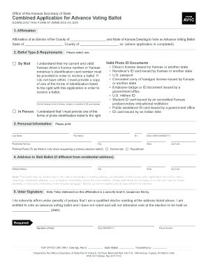 Fillable Online kssos Combined Application for Advance Voting Ballot - Kansas Secretary ... Fax ...